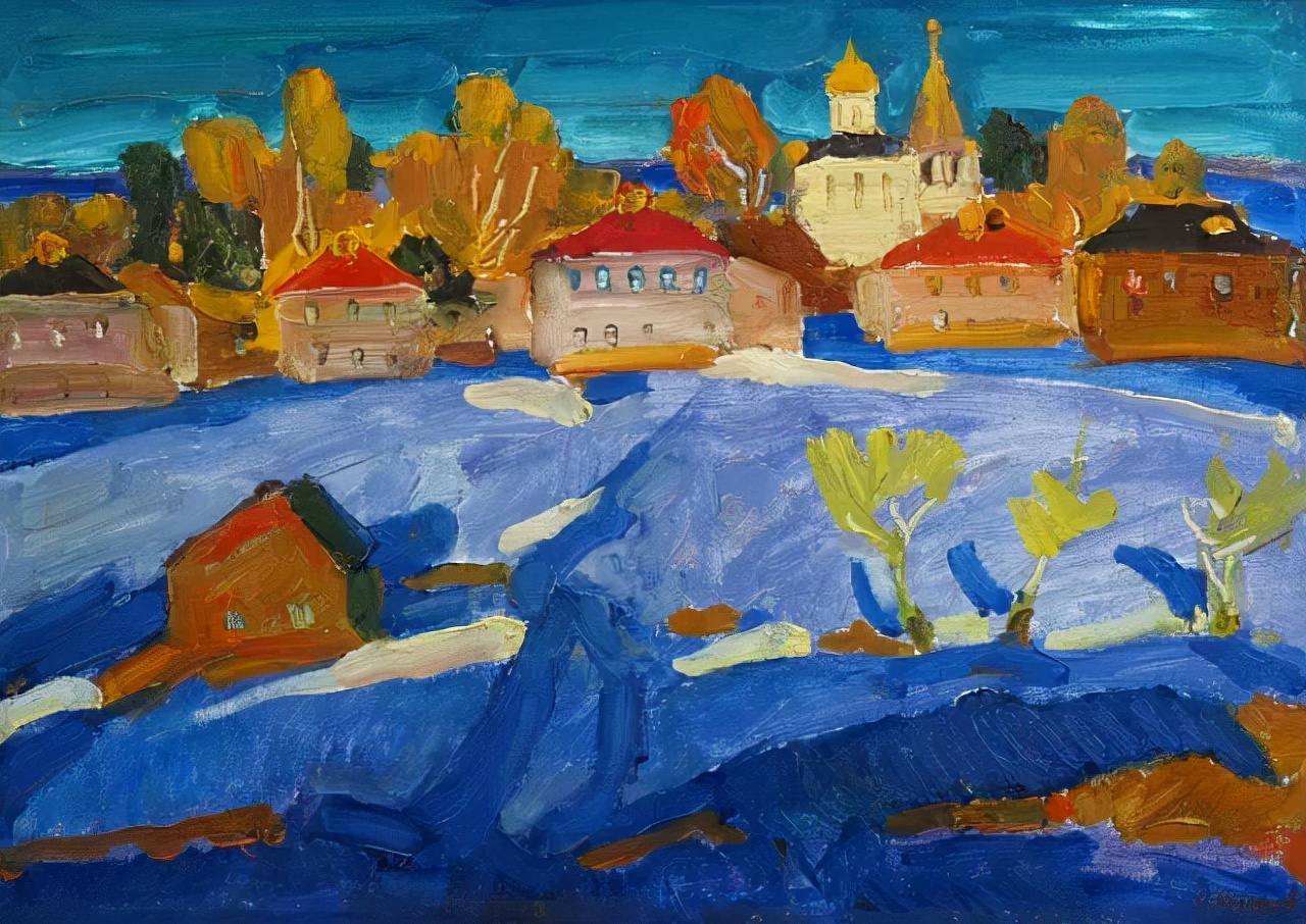 Russian landscape oil painting, the color is soft and pure, exuding ...