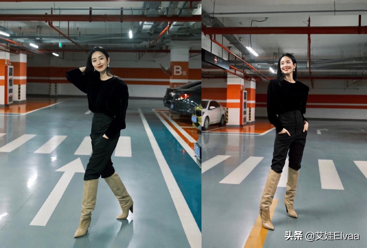 Yang Caiyu walks in the garage, wearing long-sleeved "awl boots" with ...