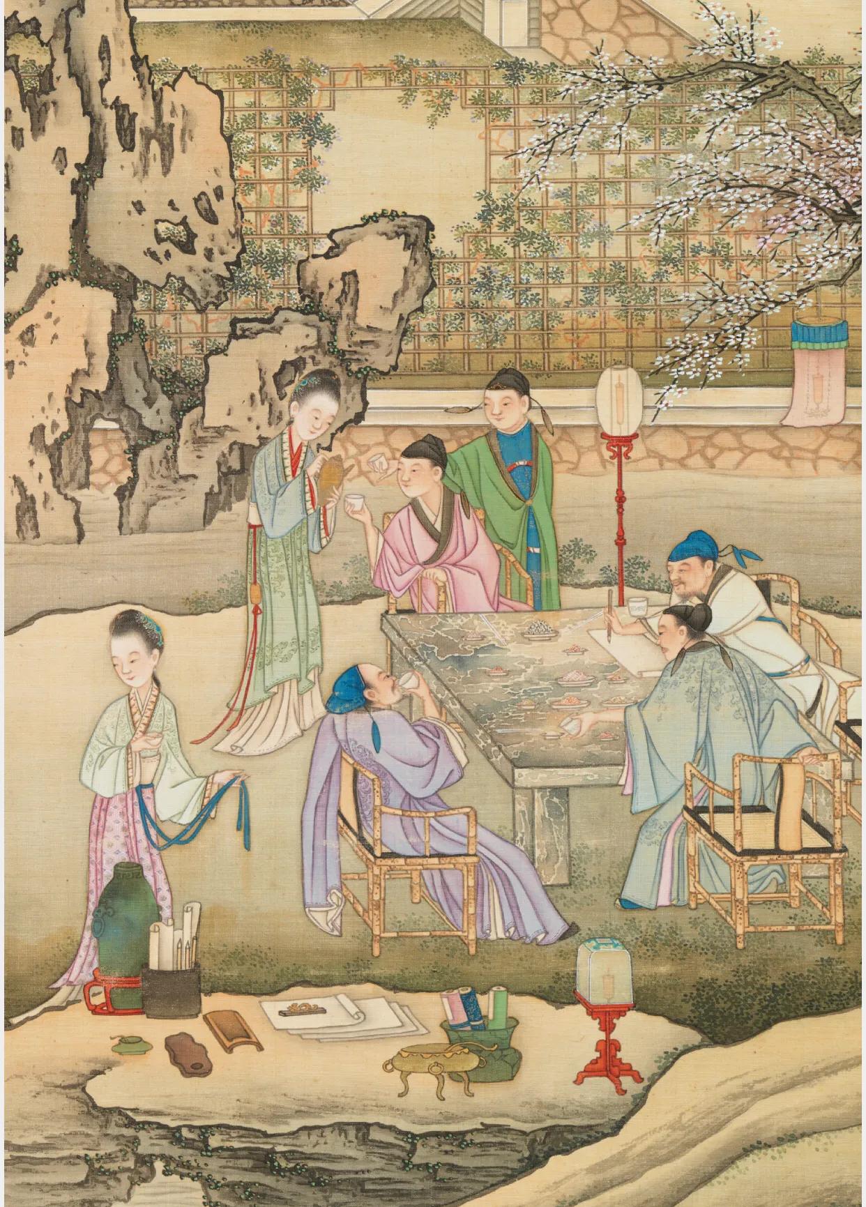 Qing court painter Leng Mei's Spring Night Banquet in Peach and Plum ...