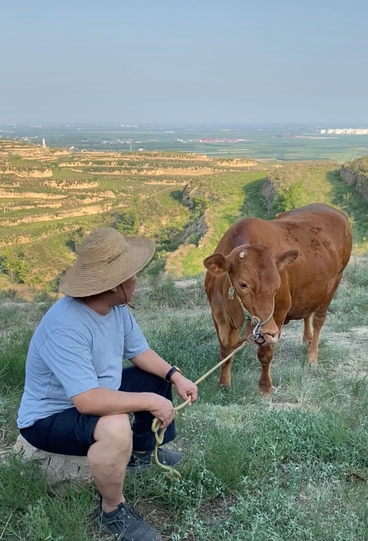 Du Xudong, a professional villain, is sunbathing, wearing a straw hat ...