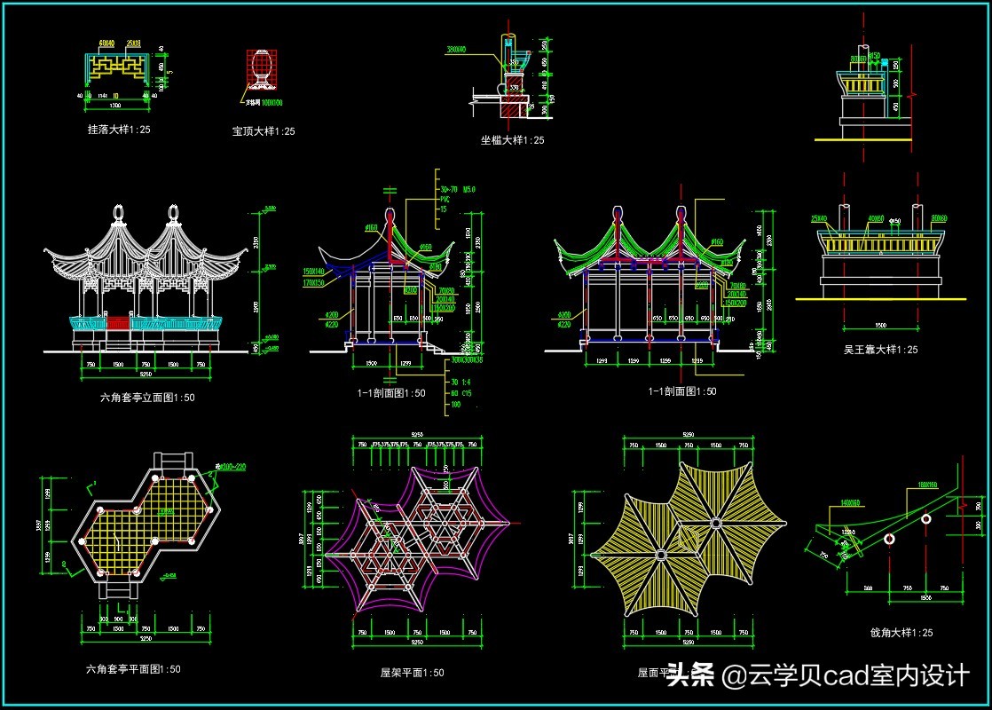 CAD Pavilion Daquan Hexagon Pavilion Construction Drawing CAD Library ...