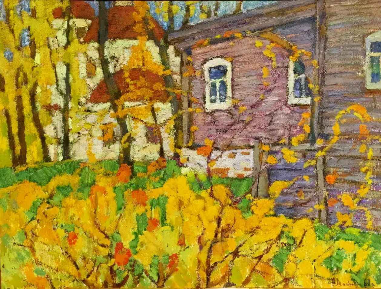 Russian landscape oil painting, the color is soft and pure, exuding ...