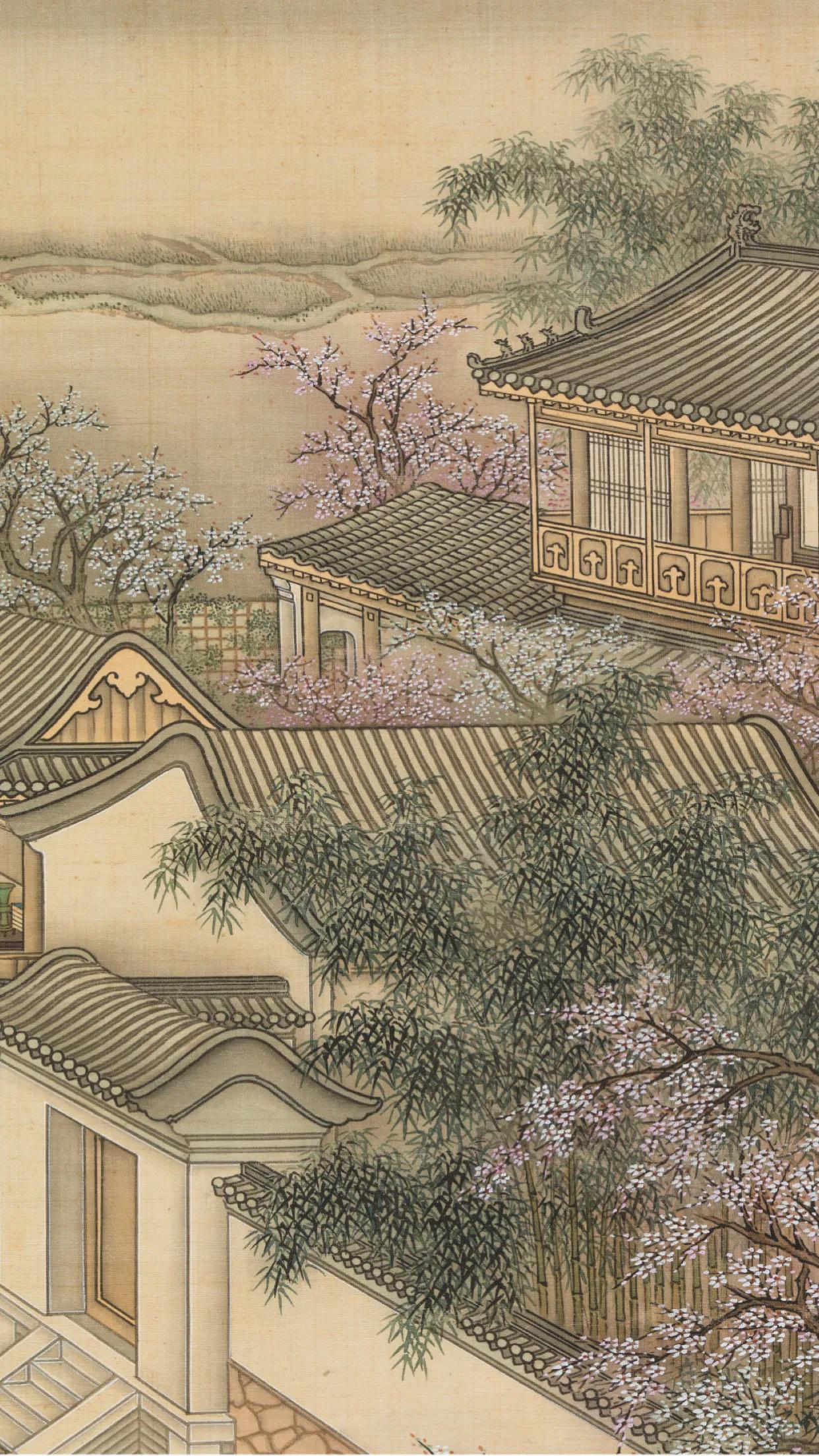 Qing court painter Leng Mei's Spring Night Banquet in Peach and Plum ...