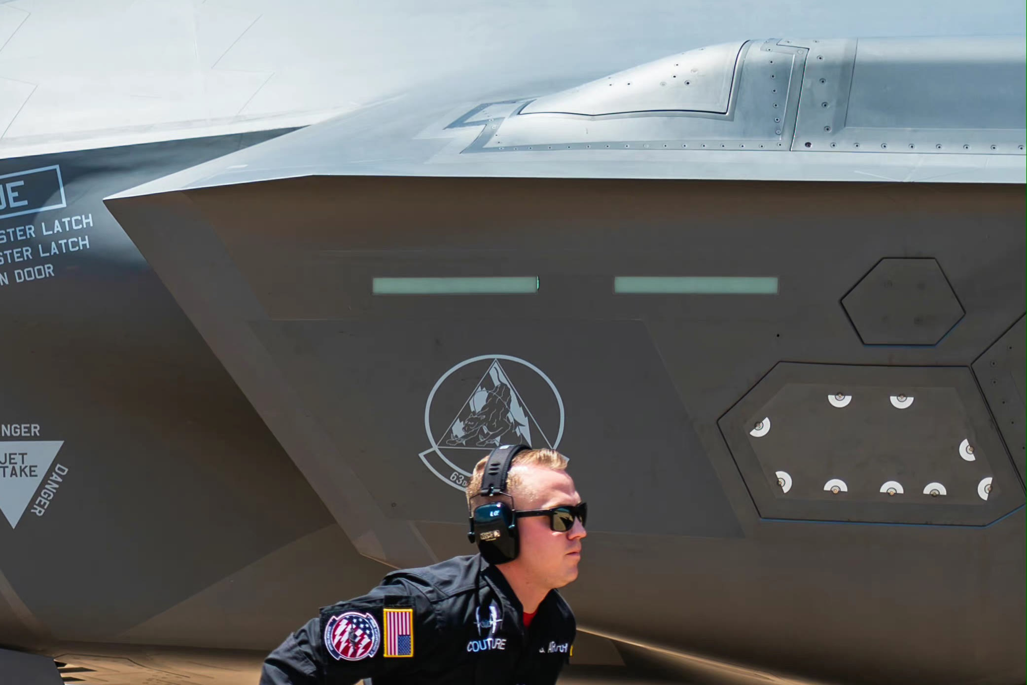 A close-up of the front fuselage of the F-35 stealth fighter, the ...