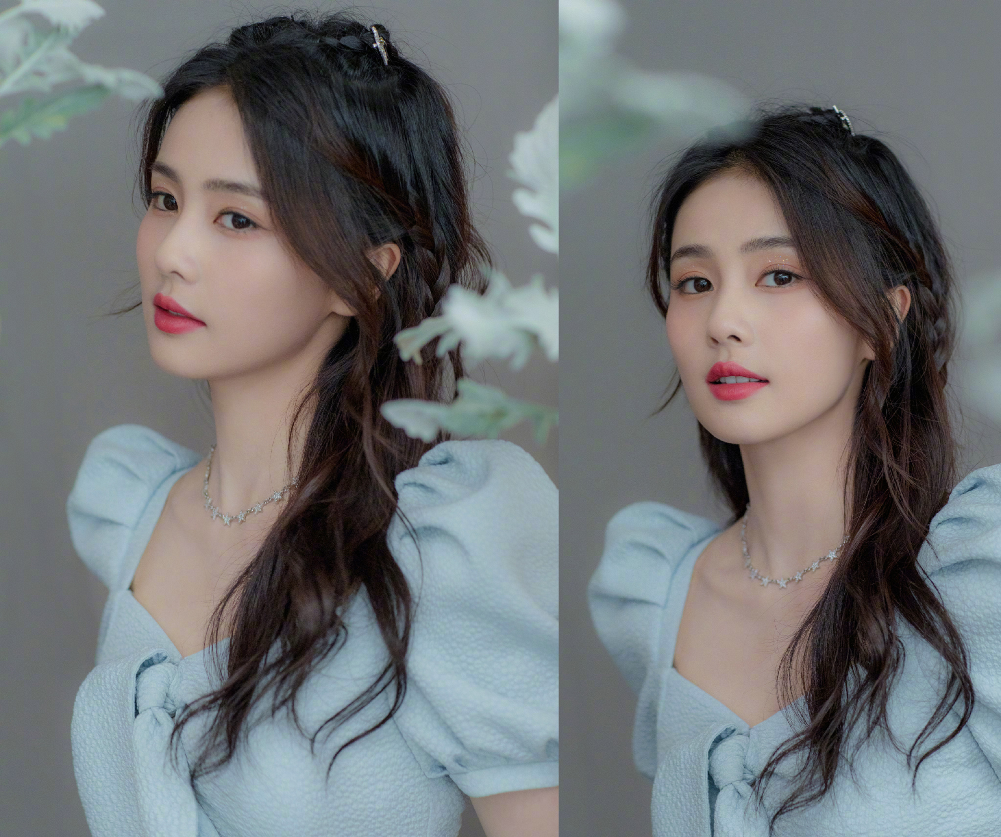 Bailu is beautiful and temperamental, wearing a light blue short dress ...