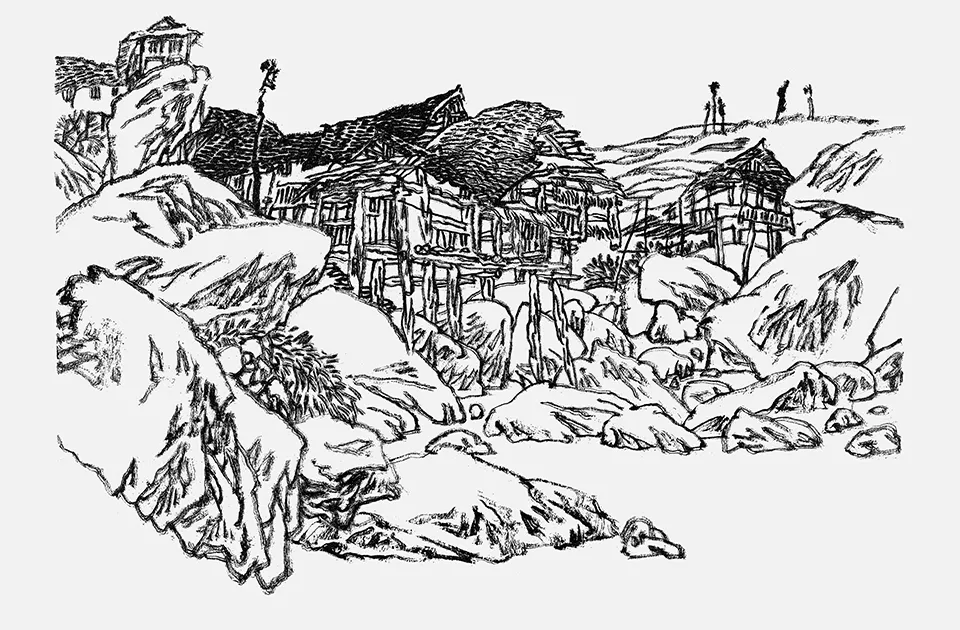 Landscape line drawing, freehand brushwork - iNEWS